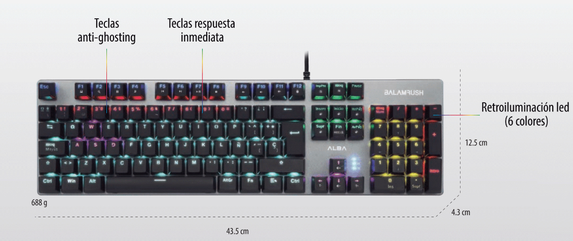 Teclado Gaming Balam Rush/Usb/Led 6 Colores/Negro Alba Br-929653