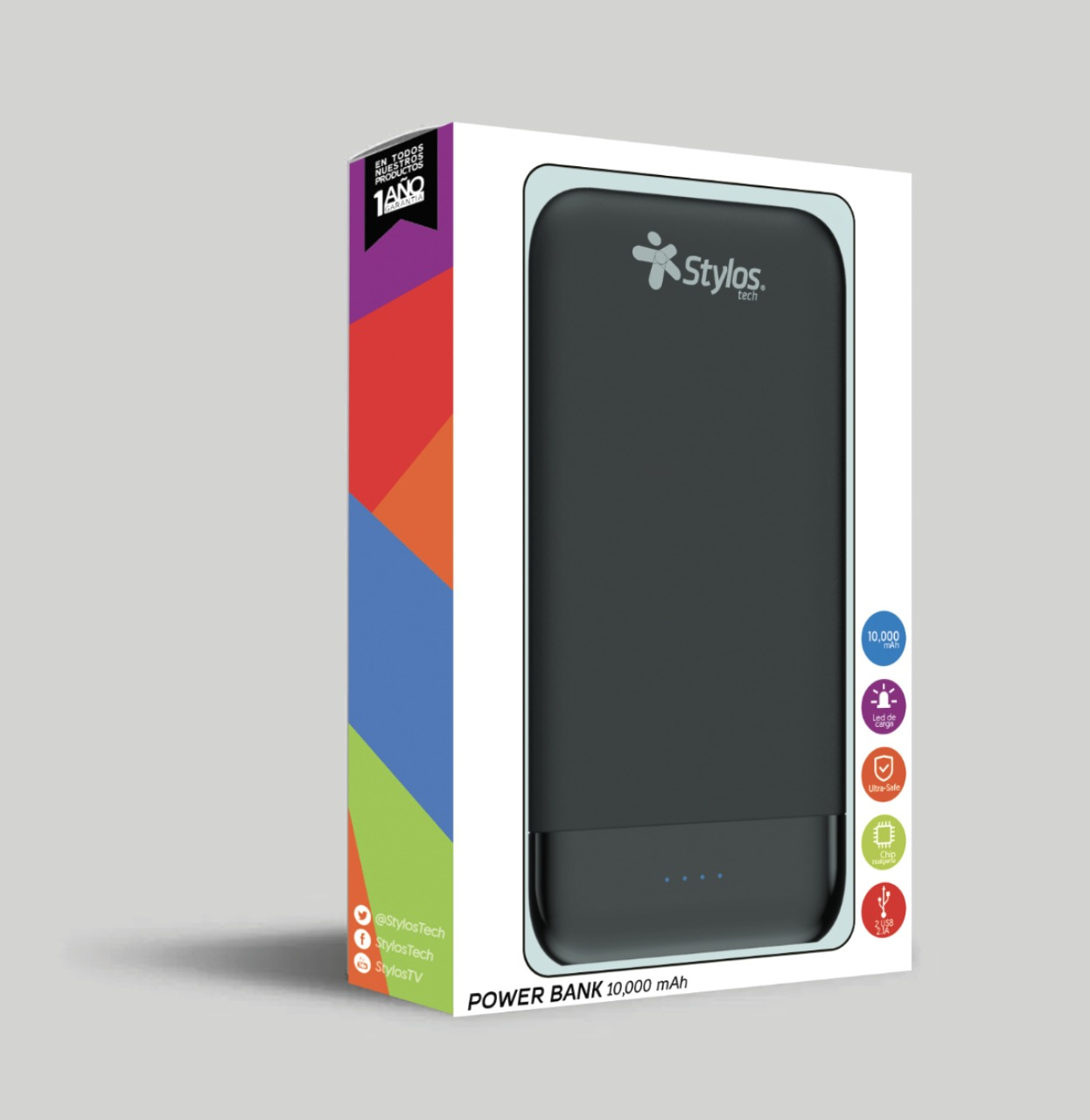 Power Bank Stylos, Negro 10000 Mah 2 Usb Led Ultra Safe (Stapwb1B)